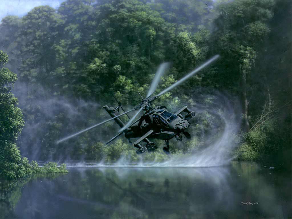 Apache Helicopter Over River- WallpaperUse