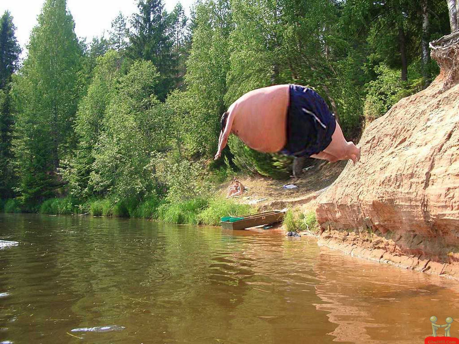 Fat Man Jumping In Water- WallpaperUse