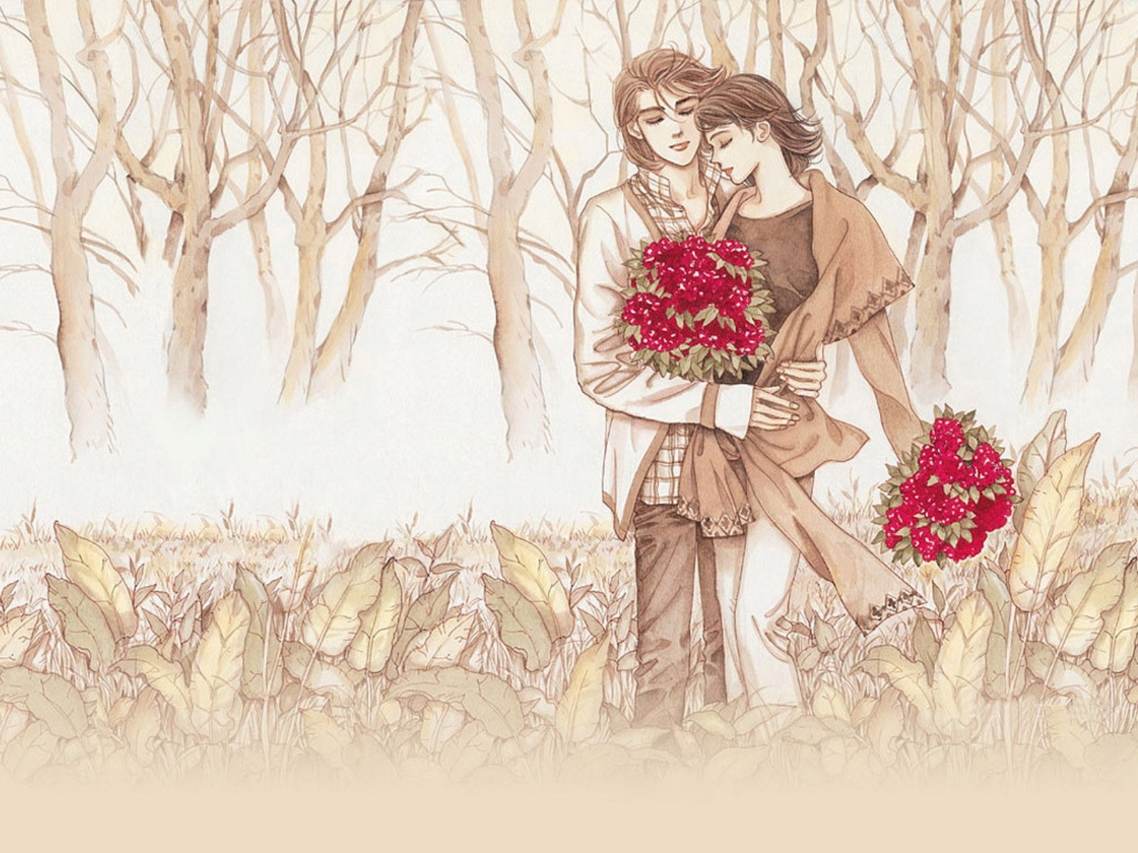 Romantic Couple Drawing With Red Flower Wallpaper Full - Romantic ...