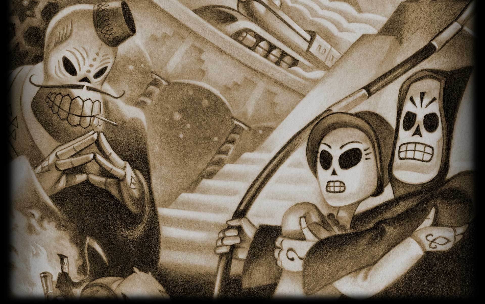 grim fandango wallpaper,cartoon,illustration,art,black and white,visual ...