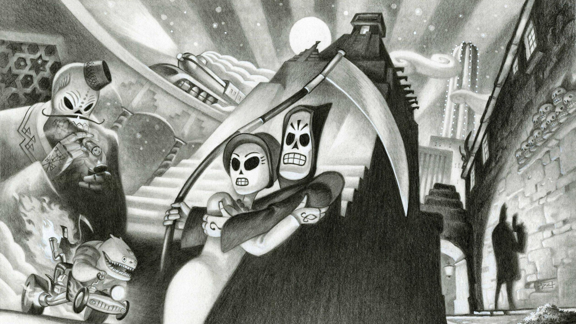 grim fandango wallpaper,cartoon,animated cartoon,illustration,fictional ...