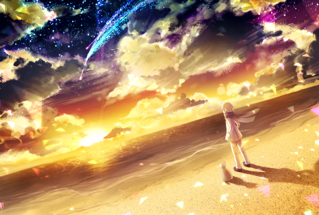 Anime Boy, Sunset, Ocean, Beach, Cat, Scarf, Wind - Ocean Sunset ...