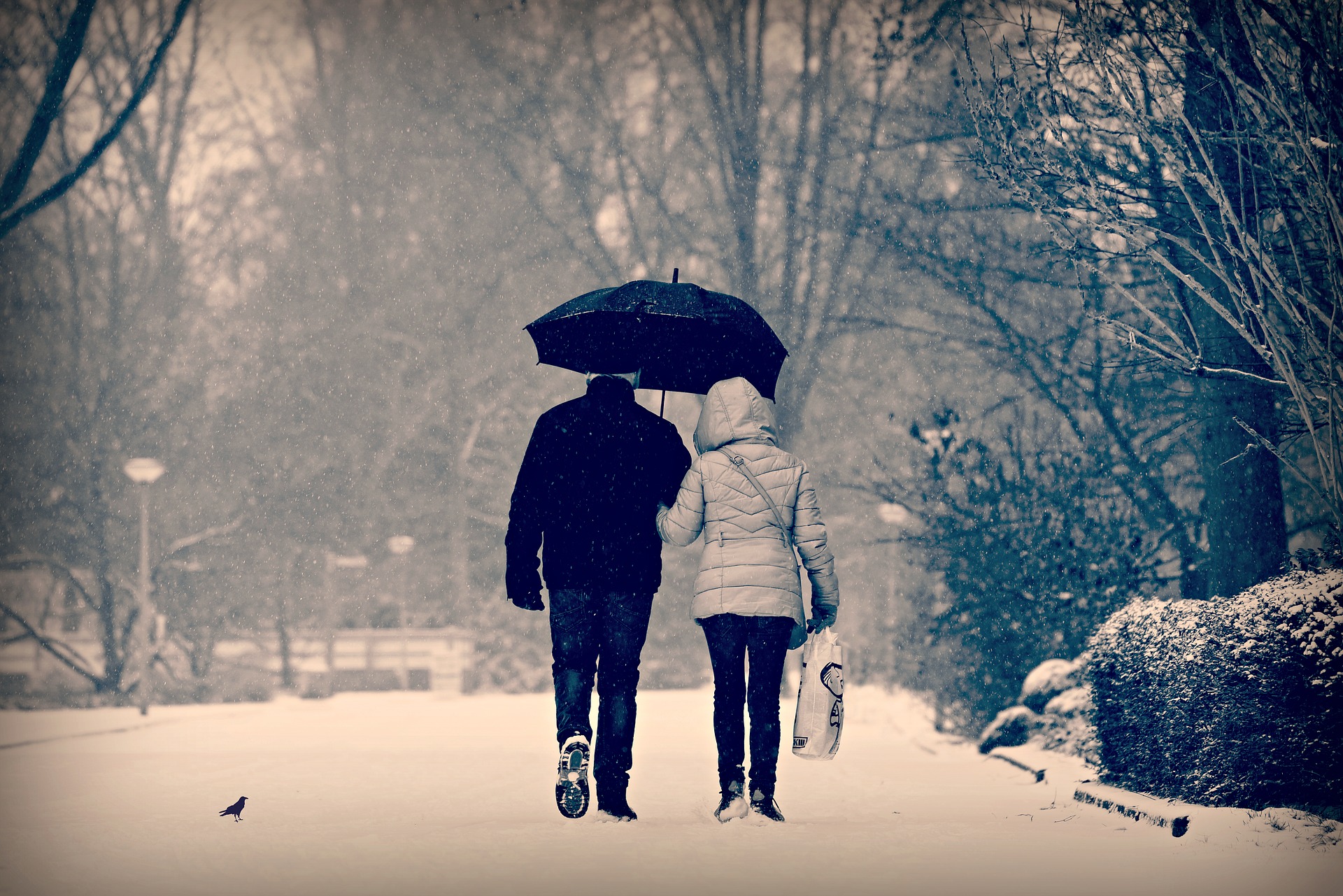 Romantic Couple Walking Together In Snow Wallpaper - Couple Snow Scene ...