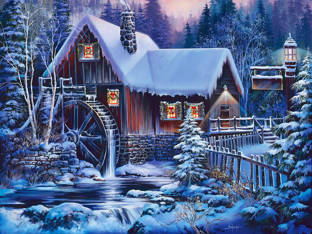 Winter Wallpaper - Winter Water Mill- WallpaperUse