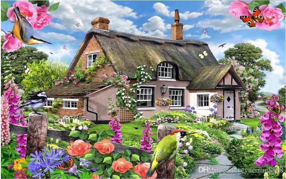 country house wallpaper,natural landscape,house,cottage,flower,spring ...