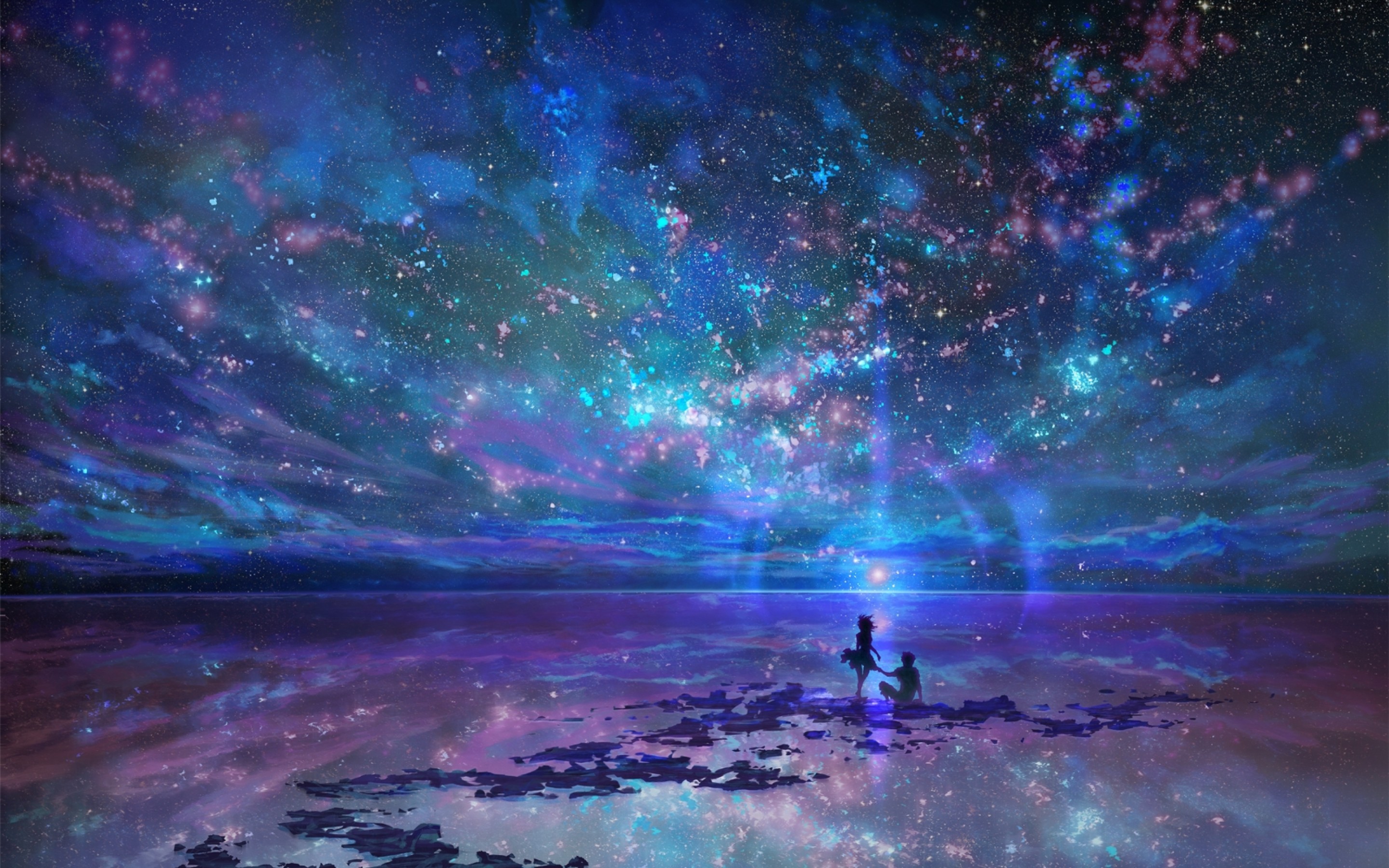 Anime Couple, Scenic, Stars, Night, Sky, Silhouette- WallpaperUse