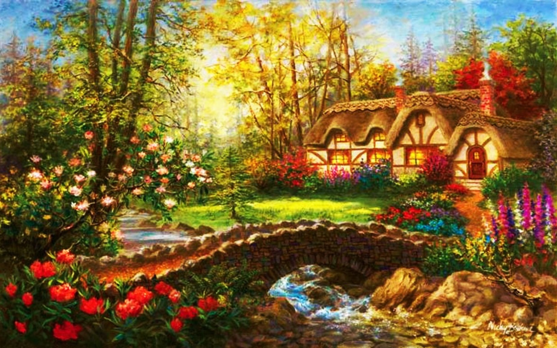 cottage wallpaper,natural landscape,nature,painting,landscape,acrylic ...